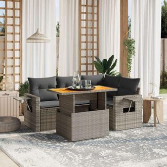 vidaXL 5-tlg. Garten-Sofagarnitur mit Kissen Grau Poly Rattan - Vidaxl