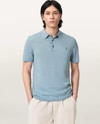 AllSaints Mode - Kurz&auml;rmliges Polohemd aus Merinowolle in Salton-Blau