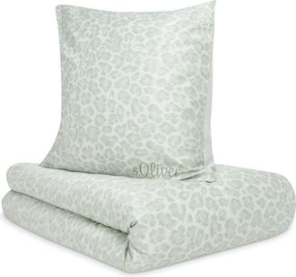 s.Oliver Leo Bettwäsche 155x220 cm - 100% Baumwolle, Reißverschluss, anschmiegsam, weich & waschbar, Mako Satinbettwäsche grün modern Leoparden Muster