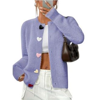 Generic Cardigan en tricot pelucheux pour femme - Couleur unie - Motif coeur arc-en-ciel - Confortable - Manches longues, violet, XL
