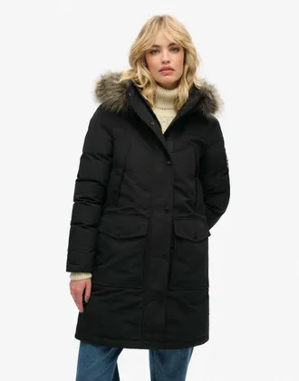 Superdry Everest faux-fur-Parka-Mantel in Schwarz