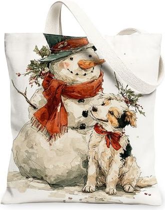 Generic Sacs fourre-tout en toile dhiver, motif bonhomme de neige et chien, sacs de courses r&eacute;utilisables, charmants vacances, l&eacute;gers et lavables en toile pou