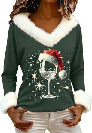Generic Chemise de Noël pour femme avec bordure en fausse fourrure et col en V - T-shirt de Noël amusant à manches longues sans capuche - Chemisier fantaisie 
