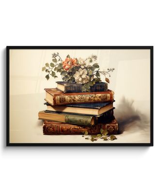 MuchoWow &copy; Wandbilder mit Rahmen 120x80 cm Wanddeko Bilder Wohnzimmer Moderne Zimmerdeko Geschenk Bilderrahmen Vintage - B&uuml;cher - Blumen - Wei&szlig;