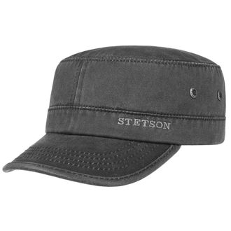 Stetson Datto Armycap Herren Wasserabweisende Baumwollkappe Größenverstellbar Armymütze UV 40+ Verwaschene Lederoptik Oilskin Urbancap Sommer Winter schwarz L