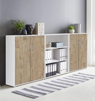 BMG Möbel Schrankwand Office Edition abschliessbarer Aktenschrank Büroschrank Büromöbel Regal in Weiß/Gold Harbor Oak (Set 9)