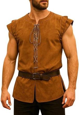 Generic DENGJIAMY Chemises m&eacute;di&eacute;vales pour homme - D&eacute;bardeurs vintage unis - D&eacute;bardeurs d&eacute;t&eacute; d&eacute;contract&eacute;s - T-shirt &agrave; lacets - T-shirt classique basique sans 