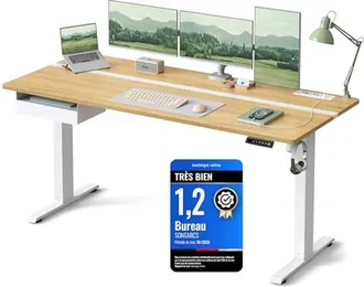 Vasagle Bureau &Eacute;lectrique R&eacute;glable en Hauteur, Bureau Assis-debout, Multiprise, Tiroir, 70 x 160 cm, R&eacute;glable en Continu, Fonction M&eacute;moire de 4 Hauteurs, Coul