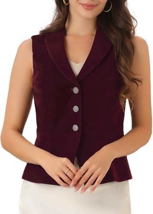 Allegra K Gilet de Costume Femme à Col Revers Cranté Blazer en Velours Boutonné sans Manches daffaires Col en V Veste Cintré de Bureau Rouge Foncé S