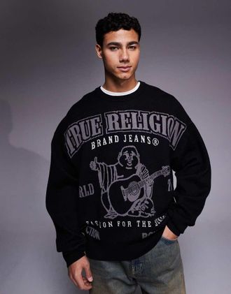 True Religion Taillierter Strickpullover in Schwarz mit Grafiklogo