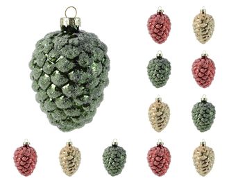 Kaemingk Christbaumschmuck Zapfen 10cm Glas mit Perlen 12er Set - Tannenzapfen Glaszapfen Christbaumkugeln Weihnachtsbaumkugeln Weihnachten - Weihnachtsbaumsch