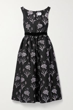 Erdem Midikleid Aus Metallic-jacquard Mit Blumenmuster Und Samtbesatz - Schwarz