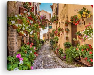 Arttor Bilder auf Leinwand Path Blumen Haus Hof Leinwandbild mit Rahmen 70x50cm Wandbilder Dekoration Wohnzimmer Schlafzimmer K&uuml;che Deko Klein Wanddeko Bild 