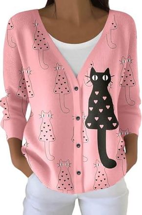 Generico Cardigan en tricot à manches longues épais et élégant pour femme pour la mi-saison avec imprimé de chat Vêtements de mode dhiver Manteau en tricot pou
