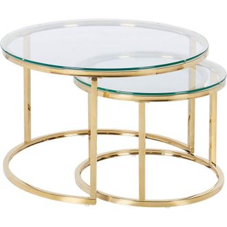 Beliani Beliani - Set 2 Tables Basses Caf&eacute; Plateau en Verre Tremp&eacute; Rond et Cadre en M&eacute;tal Dor&eacute; Grange