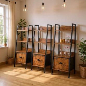 Furniture R Esszimmer Glasvitrine Leiterstil 42x29x110 cm, 4 Ebenen, Stoffschublade, 12 mm Holzplatten & 20 mm Metallrahmen, 7,5 cm Rückwand, Elegantes Präsentati