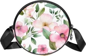 Generic Petit sac &agrave; bandouli&egrave;re circulaire pour femme, motif feuilles florales, sac &agrave; dos avec fermeture &eacute;clair, bretelles r&eacute;glables, sac &agrave; main rond d&eacute;contra