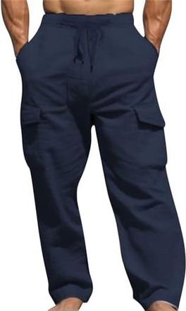 Generic Pantalon baggy en coton et lin pour homme, couleur unie, multi-poches, tube droit, couleur unie, confortable, respirant, pantalon classique, bleu mari