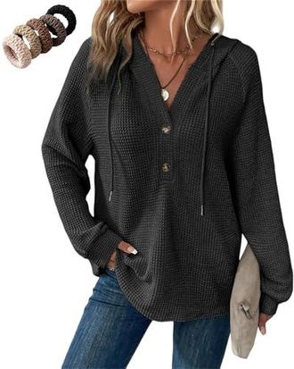 Generic Haut en tricot gaufr&eacute; pour femme avec col en V et manches longues, pull surdimensionn&eacute; boutonn&eacute; avec cordon de serrage pour lautomne 2026, Noir, XXL