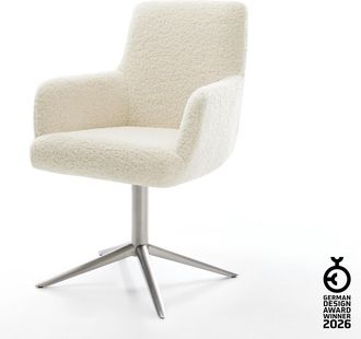 DELIFE Drehstuhl Heira-Flex mit Armlehnen Teddystoff Beige Fu&szlig;kreuz Edelstahl 360&deg; drehbar Wippfunktion Taschenfederkern, Esszimmerst&uuml;hle