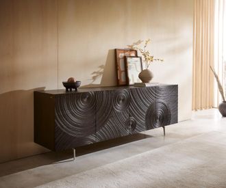 DELIFE Sideboard Ashara 200 cm Esche Dunkelbraun 3D Effekt 4 Türen Winkelfuß Edelstahl gebürstet, Sideboards