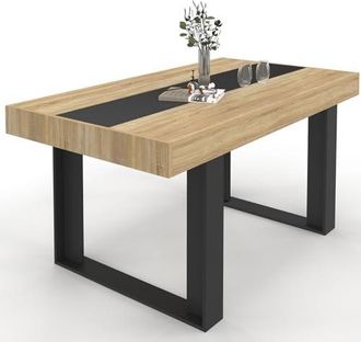 IDMarket Table &agrave; Manger Rectangle Phoenix 6 Personnes Bois et Noir Bande Centrale Noire 160 cm