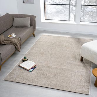 Vimoda Teppich Wohnzimmer Teppich Schlafzimmer, Flur, küche Kurzflor Orient Design Vintage Hoch-Tief-Effekt Modern 3D Weich, Farbe:Taupe, Maße:200 x 290 cm