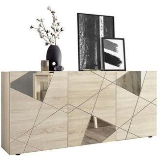 Homemania Buffet ch&ecirc;ne sonoma 3 portes avec miroir - Dimensions L 181 x P 42 x H 84 cm - Design &eacute;pur&eacute; pour salon moderne - Homemania