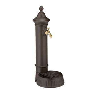 Relaxdays Standbrunnen antik, mit Wasserhahn & Becken, HxBxT: 72 x 26 x 31 cm, Wasserzapfs&auml;ule Garten, Terrasse, braun