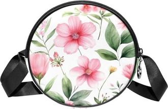 Generic Petit sac &agrave; bandouli&egrave;re circulaire pour femme, motif feuilles florales, sac &agrave; dos avec fermeture &eacute;clair, bretelles r&eacute;glables, sac &agrave; main rond d&eacute;contra