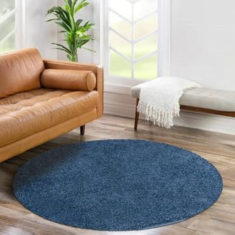 Carpet City Shaggy Hochflor Teppich - Rund 120 cm - Blau - Langflor Wohnzimmerteppich - Einfarbig Uni Modern - Flauschig-Weiche Teppiche Schlafzimmer Deko