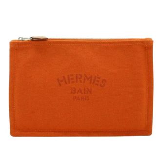 Herm&egrave;s Pre-owned New Yachting PM Toile Cuir Pochette - Femme - Pre-owned - Orange - Taille: ONE Size