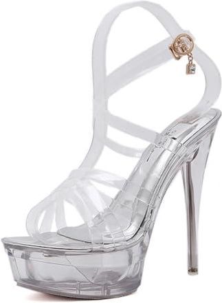 Generic Argent,43 EU,Sandales Transparentes en Cristal pour Femmes, Bout Ouvert, Plateforme, Talons Aiguilles, Brides croisées à la Cheville, Chaussures de Da