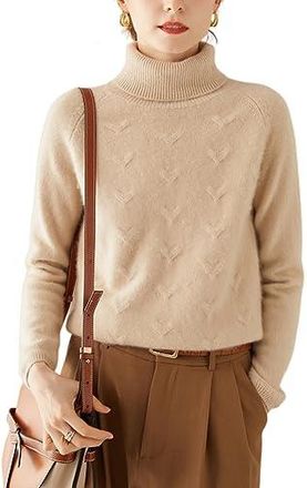 Dissa Pull Cachemire Femme Col Roulé Beige Chevrons Tricoté en Vrac Manches Longues épais Pull en Cachemire et Laine,38,SH347