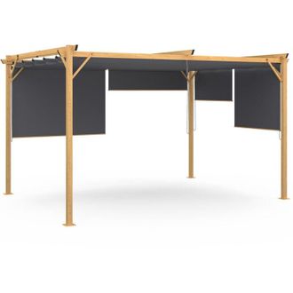 IDMarket Pergola &eacute;dition exclusive effet bois toit r&eacute;tractable 3x4M et 4 stores gris anthracite
