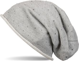 styleBREAKER Damen Beanie M&uuml;tze mit Strass-Nieten Applikation und Rollrand, warm 04024024, Farbe:Hellgrau
