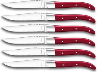 Amefa Lou Laguiole Louis Steakmesser-Set, 6-teilig, Griffe Rot, Mikro-Wellenschliff mit langanhaltender Schärfe, super scharf & schnitthaltig, Steakbesteck,