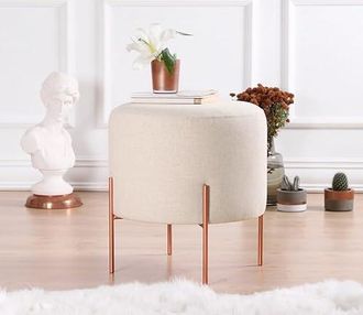 Atelier Del Sofa Bohemian Pouffe, Cream Color, 42 cm Height x 40 cm Depth | 50% Cotton/50% Linen, 5 cm Orthopedic Sponge, Copper Coated Iron Legs | Stylish & Functiona