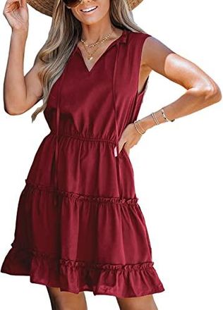 Cupshe Robe dété pour femme, col en V, sans manches, ourlet à volants, robe courte trapèze, robes décontractées, mini robe de plage à volants, rouge M