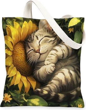 Generic Sac fourre-tout en toile motif chat am&eacute;ricain &agrave; poil court printanier pour faire du shopping, 33 x 38,1 cm, motif de tournesol, feuille de tournesol, 