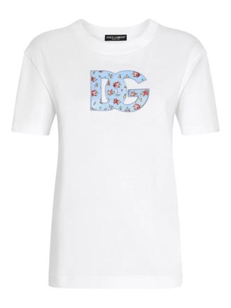 Dolce & Gabbana floral-detail logo-embroidered T-shirt - Blanc