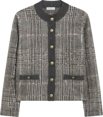 Brunello Cucinelli Femme, Pulls, Gris, Taille: 36 FR Cardigan Jacquard &agrave; Carreaux &Eacute;blouissants