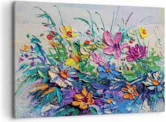 Arttor Bilder auf Leinwand 100x70cm Leinwandbild Blumen die Farben pastos Groß Wanddeko Bild Schlafzimmer Küche Deko Wandbilder Dekoration Wohnzimmer Wall De
