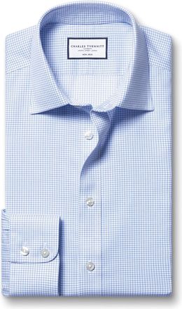 CHARLES TYRWHITT B&uuml;gelfreies Twill-Hemd mit Karos - Kornblumenblau Knopfmanschette
