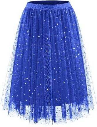 Generic Jupe en tulle pour femme - Jupe midi - Jupe trap&egrave;ze - Jupe en maille - Taille haute &eacute;lastique - Jupe dHalloween - T-shirt pour, bleu, XL
