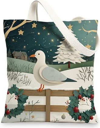 Generic Sac fourre-tout de No&euml;l en toile motif mouette et oiseau pour le shopping, 33 x 38 cm, motif for&ecirc;t enneig&eacute;e, sac d&eacute;picerie r&eacute;utilisable pour femme, pe