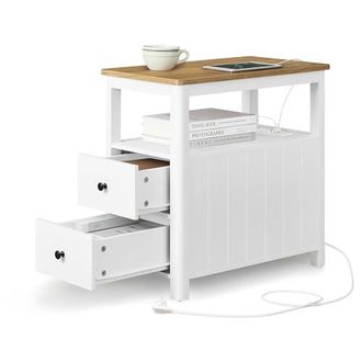 Vasagle Beistelltisch, schmaler Nachttisch mit Steckdosenleiste, 2 Schubladen, Sofatisch, f&uuml;r kleine R&auml;ume, maritimer Stil, walnussbraun-wei&szlig; LET327W14