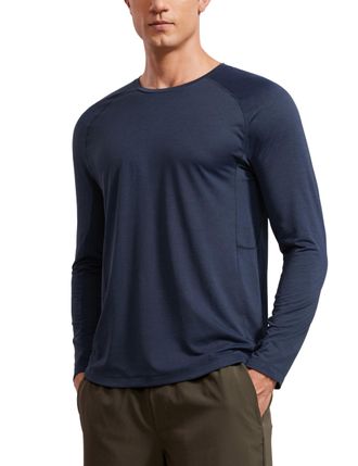 CRZ YOGA Leichte Langarm-T-Shirts für Herren schnell trocknend Rundhals-Sweatshirt Workout Training Fitnessstudio Marineblau Heather L