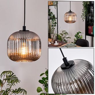 HOFSTEIN H&auml;ngeleuchte Trion, 1-flammige H&auml;ngelampe aus Metall/Riffelglas in Schwarz/Rauchfarben, moderne Pendelleuchte im Retro/Vintage-Design (Schirm 20 cm), 