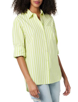 The Drop Damen Kendra Loose Fit Longshirt, Limettengrün Gestreift, L